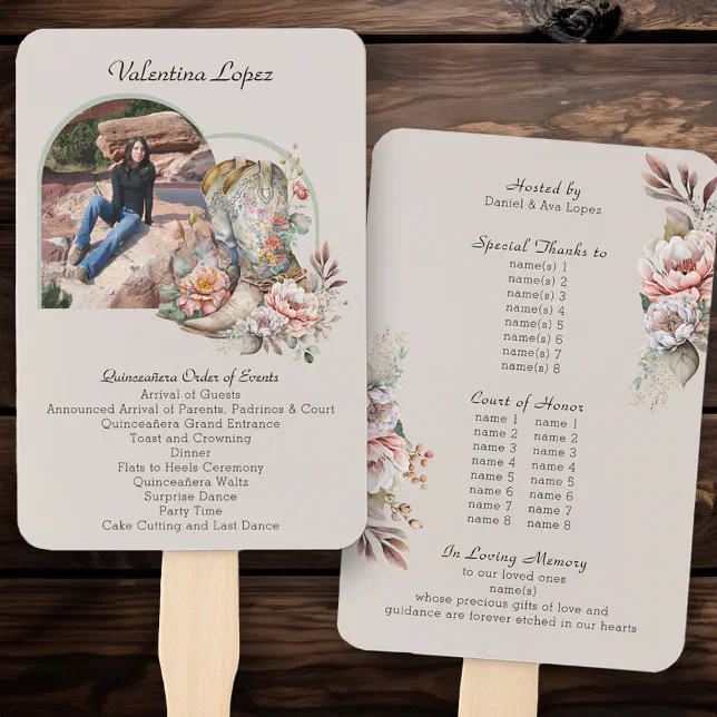 Quinceanera Order of Events Boho Floral Boots Hand Fan | Zazzle