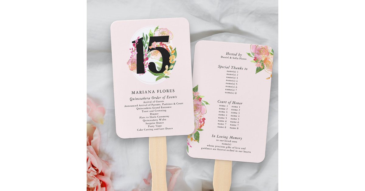 Quinceanera Order of Events Floral Number 15 Hand Fan | Zazzle