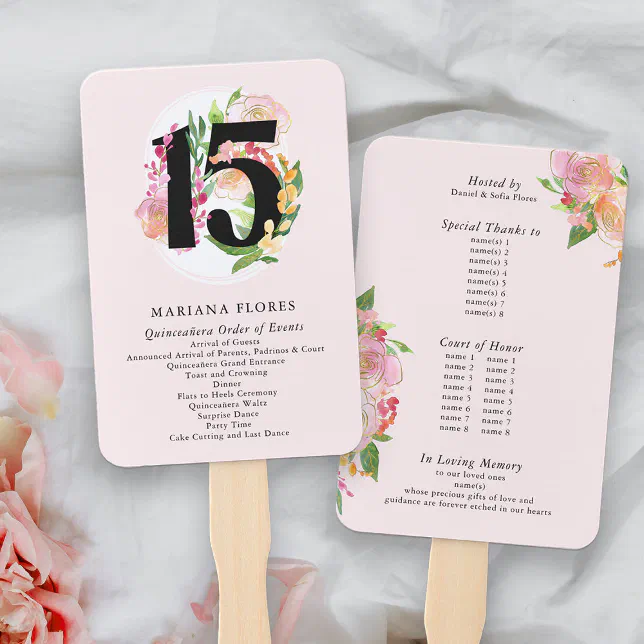 Quinceanera Order of Events Floral Number 15 Hand Fan | Zazzle