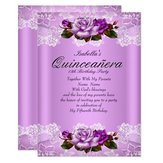 Quinceanera Party Lilac Purple Pink Roses Lace Invitation | Zazzle.com