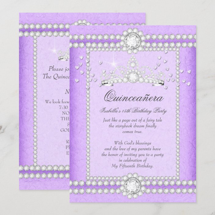 Quinceanera Party Pretty Lilac Heart Diamond Tiara Invitation | Zazzle.com