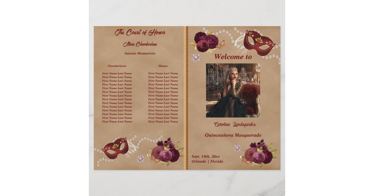 Quinceañera Party Program Red Masquerade Mask | Zazzle