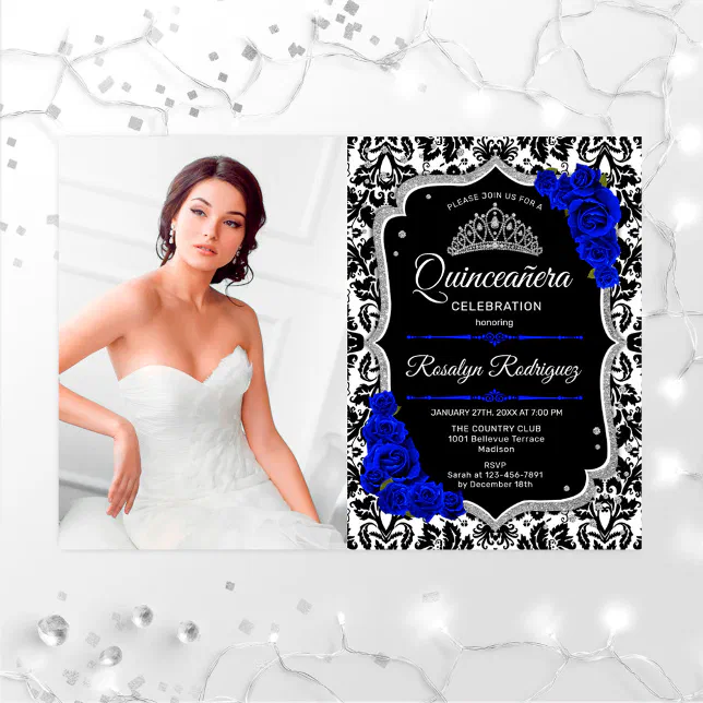 Quinceanera Party With Photo - Royal Blue Silver Invitation | Zazzle