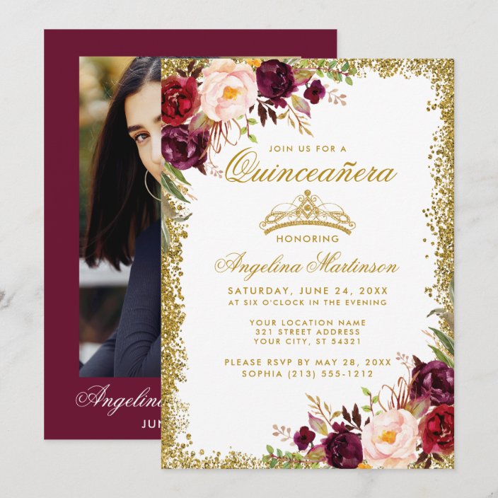 Quinceanera Photo Gold Burgundy Floral Crown Invitation | Zazzle.com