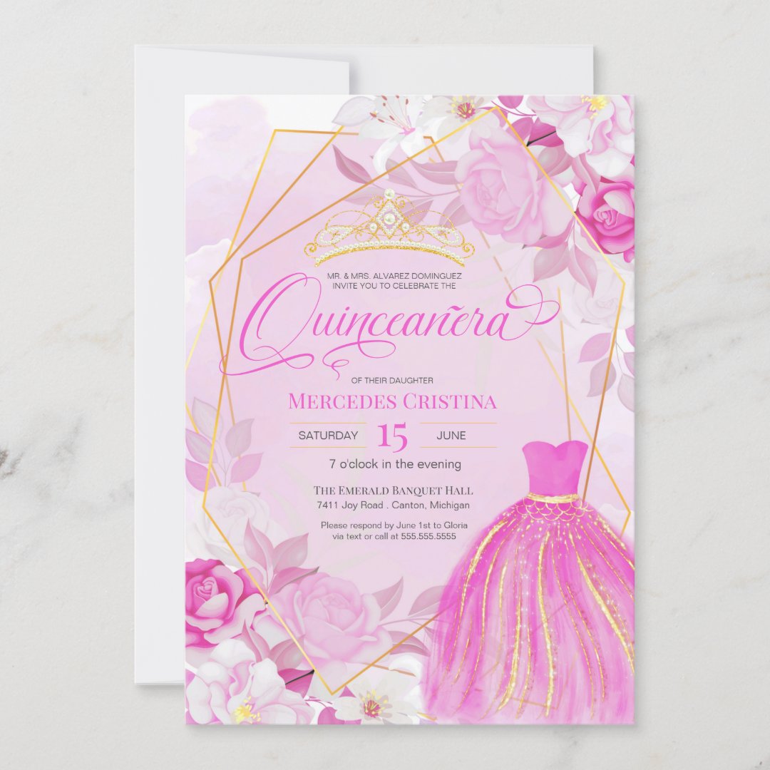 Quinceañera Pink and Gold elegant fancy Tiara Invitation | Zazzle