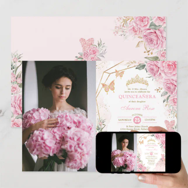 Quinceañera Pink Blush Roses Princess Mis Quince Invitation | Zazzle