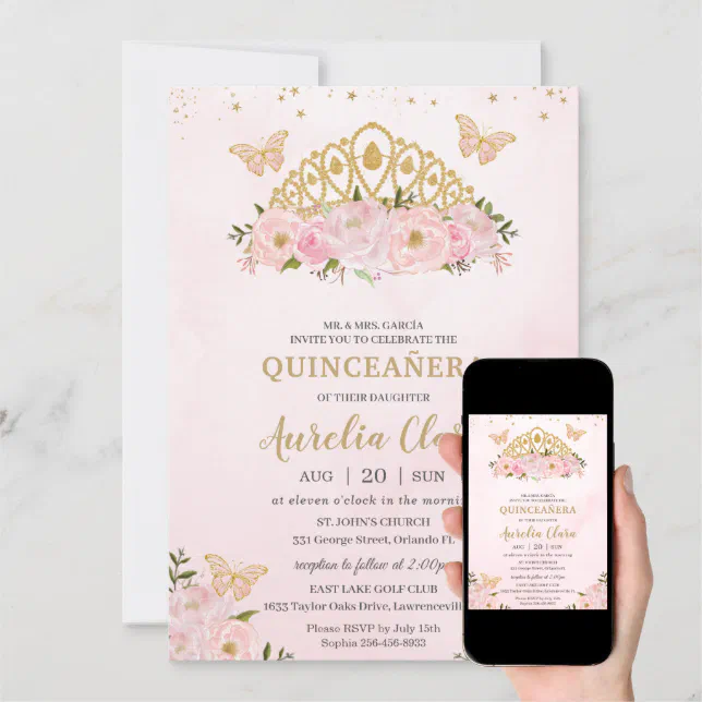 Quinceañera Pink Floral Butterflies Princess Crown Invitation | Zazzle