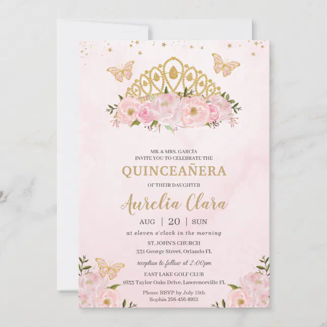 Quinceañera Pink Floral Butterflies Princess Crown Invitation | Zazzle