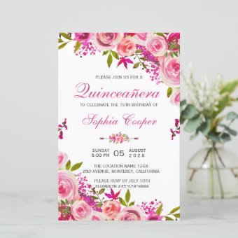 Quinceañera Pink Floral Mis Quince Anos Invitation | Zazzle