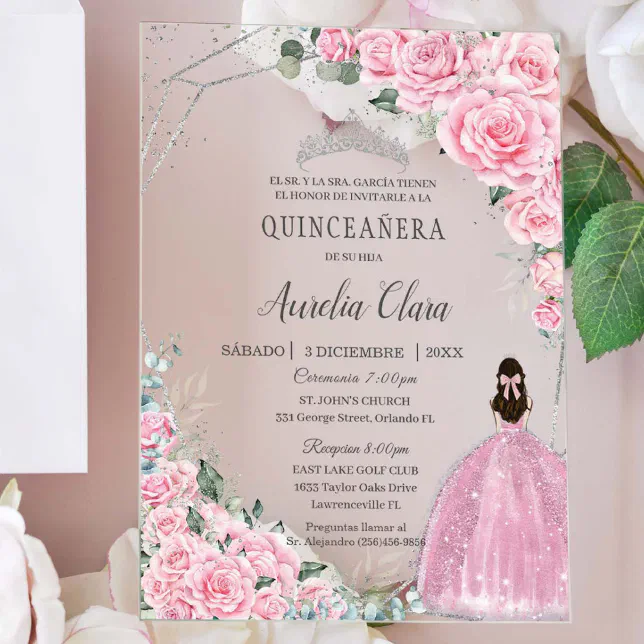 Quinceañera Pink Floral Silver 15 Birthday Spanish Acrylic Invitations ...