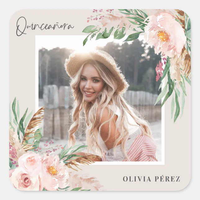 Quinceañera Pink girly floral photo birthday Square Sticker | Zazzle