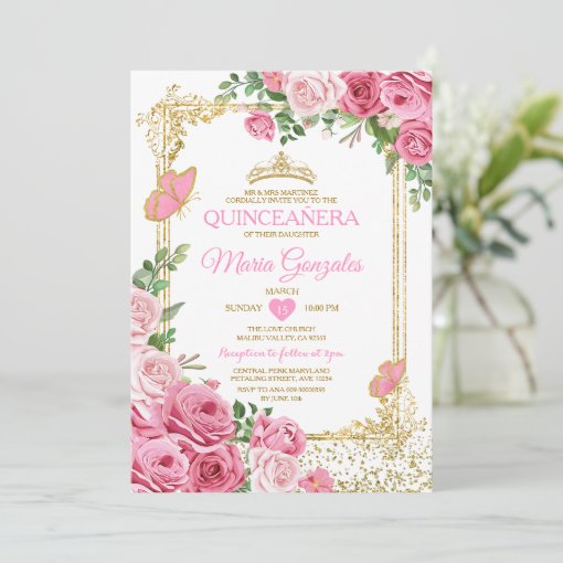 Quinceañera Pink Gold Crown Butterfly 15 Anos Invitation | Zazzle