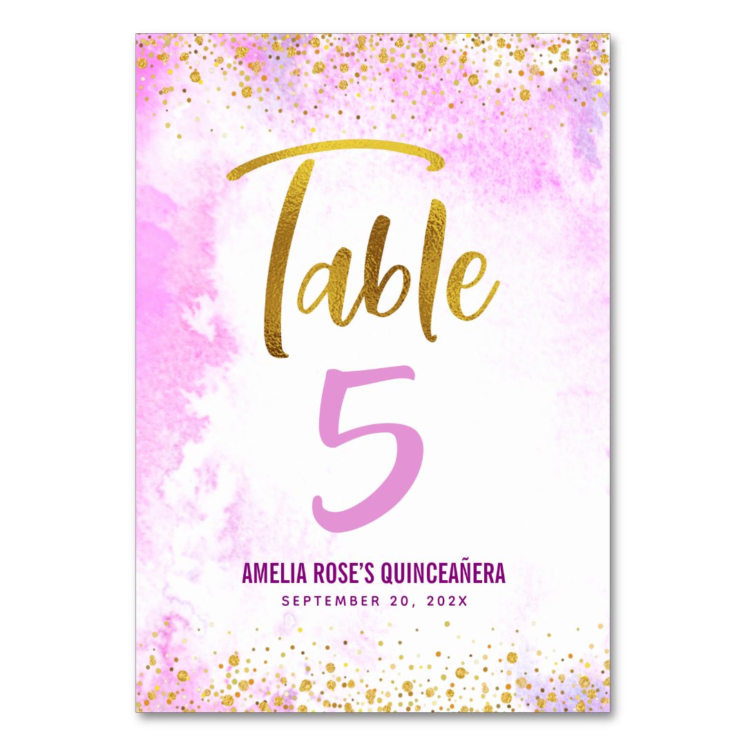 Quinceañera Pink Watercolor Gold Script Glitter Table Number | Zazzle