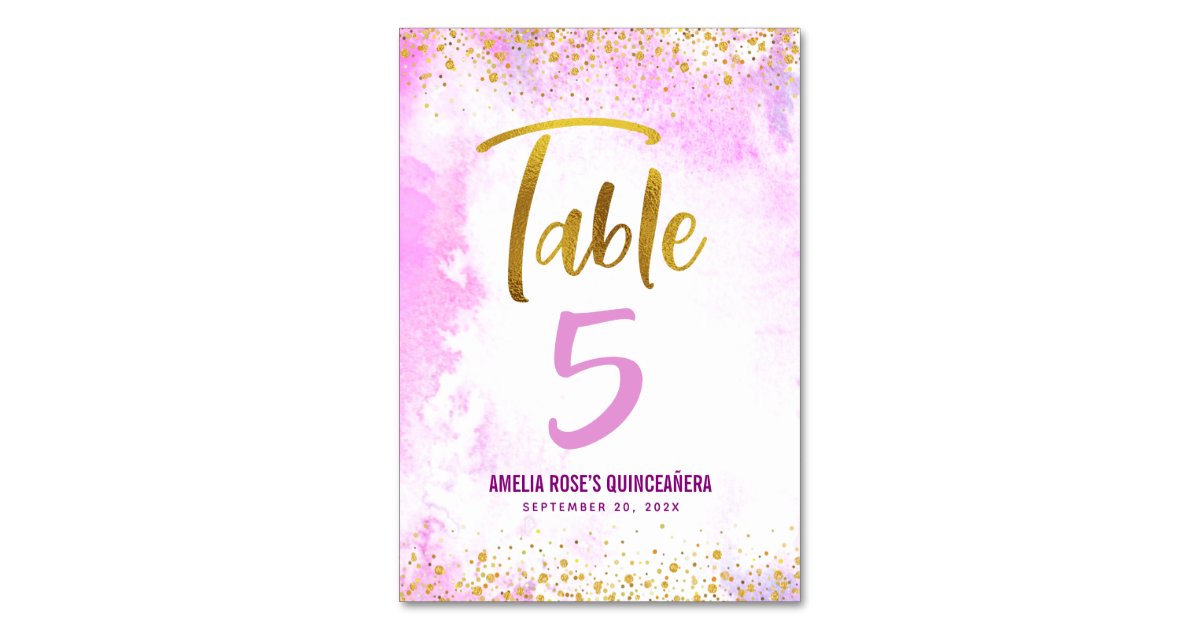 Quinceañera Pink Watercolor Gold Script Glitter Table Number | Zazzle