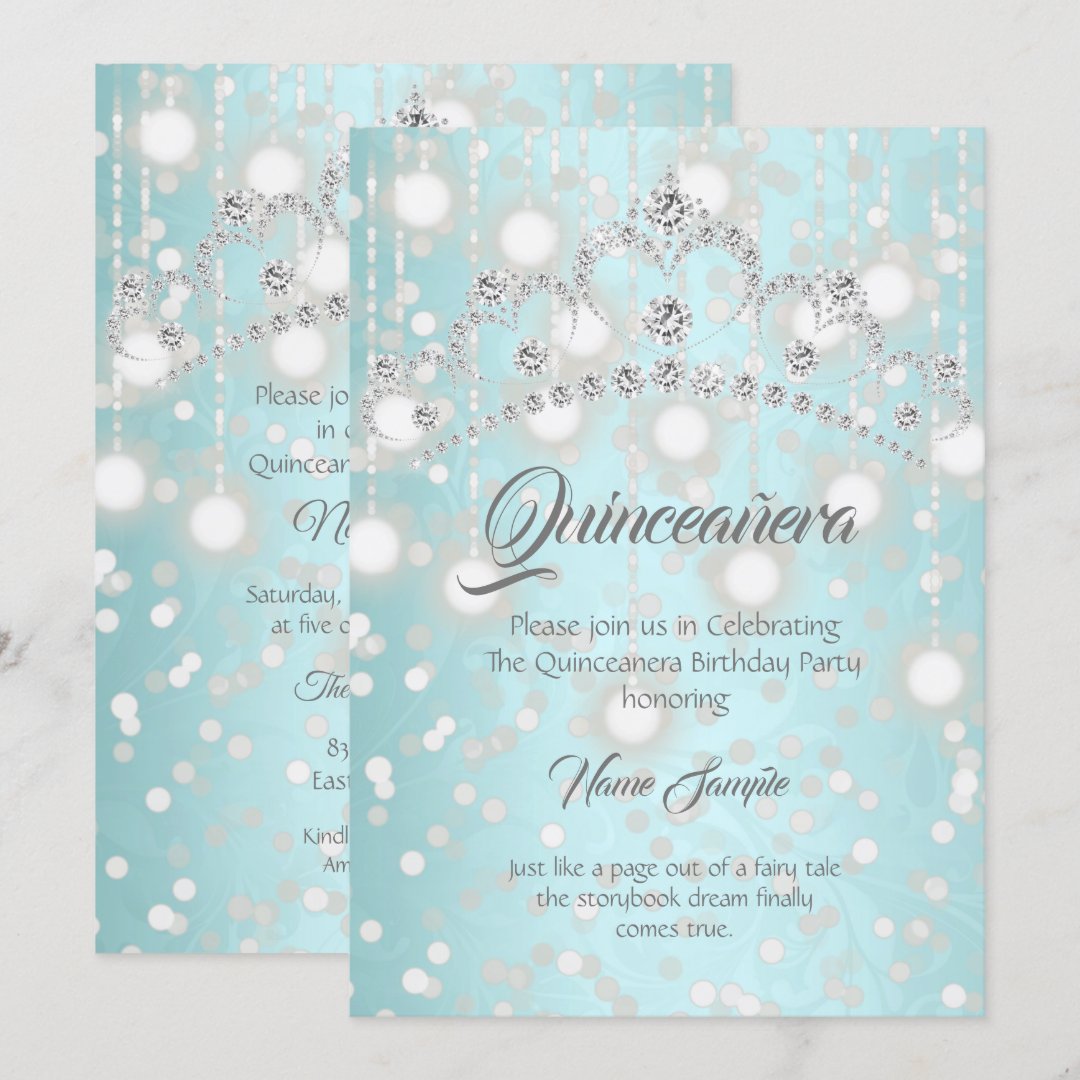 Quinceanera Pretty Teal Silver Diamond Tiara Invitation | Zazzle