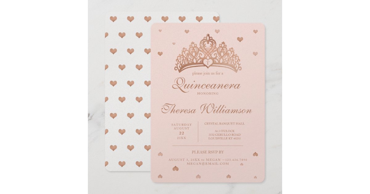 Quinceañera Princess Crown & Heart Rose Gold Invitation | Zazzle