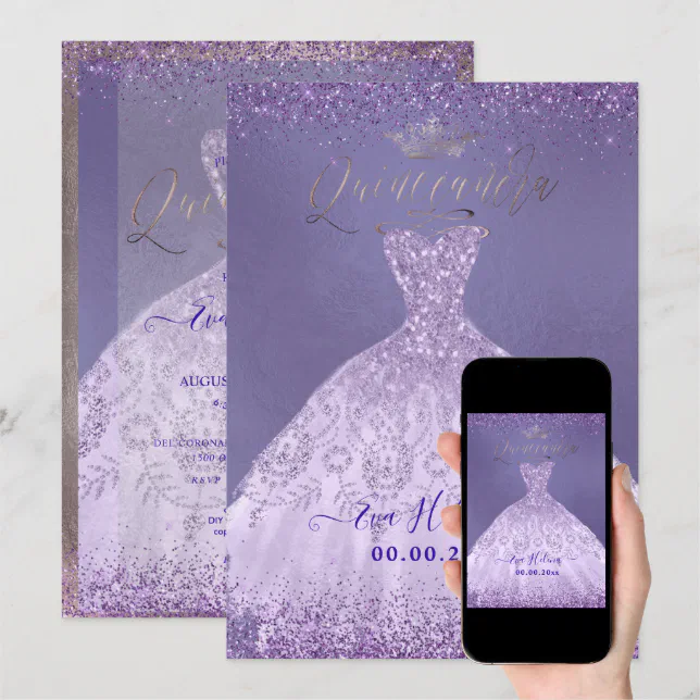 Quinceañera, Princess Dusty Purple Glitter Gown Invitation | Zazzle