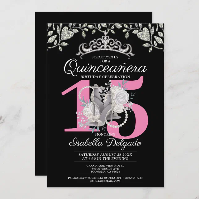 Quinceanera Princess Pink Black 15th Birthday Invitation | Zazzle
