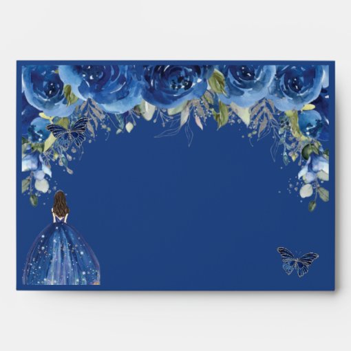 Quinceañera Princess Royal Blue Floral Silver Envelope | Zazzle