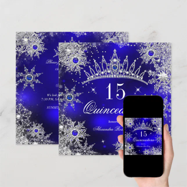 Quinceanera Princess Royal Blue Snowflake Tiara Invitation | Zazzle