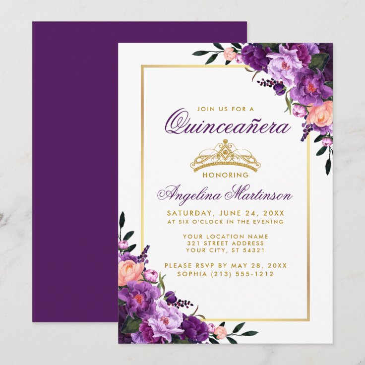 Quinceanera Purple Floral Gold Crown Invite P | Zazzle