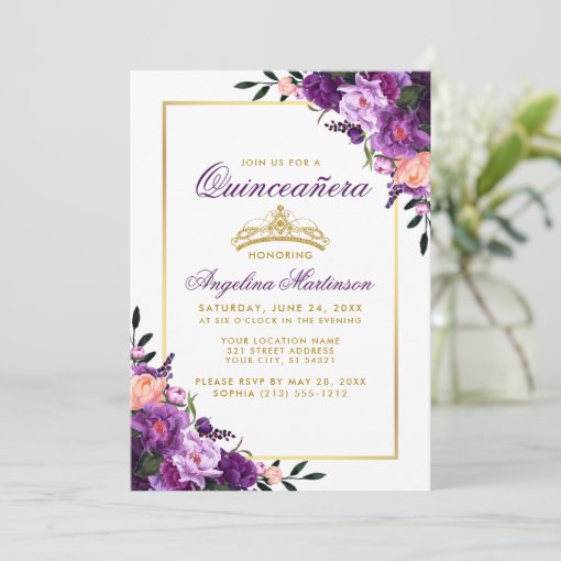 Quinceanera Purple Floral Gold Crown Invite P | Zazzle