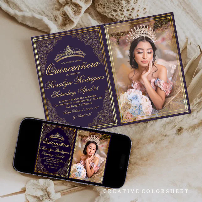 Quinceanera Purple gold Ornate Princess Tiara Invitation | Zazzle