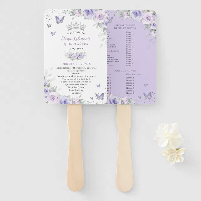 Quinceañera Purple Lavender Floral Silver Program Hand Fan | Zazzle