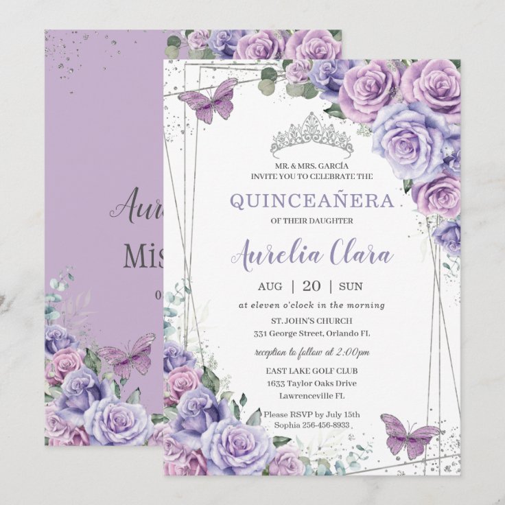 Quinceañera Purple Lilac Floral Butterflies Silver Invitation | Zazzle