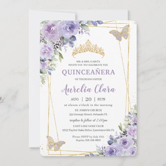 Quinceañera Purple Lilac Floral Butterflies Tiara Invitation | Zazzle.com