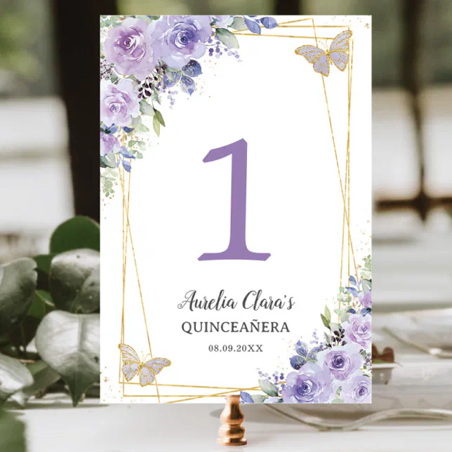 Quinceañera Purple Lilac Floral Gold Butterflies Table Number | Zazzle
