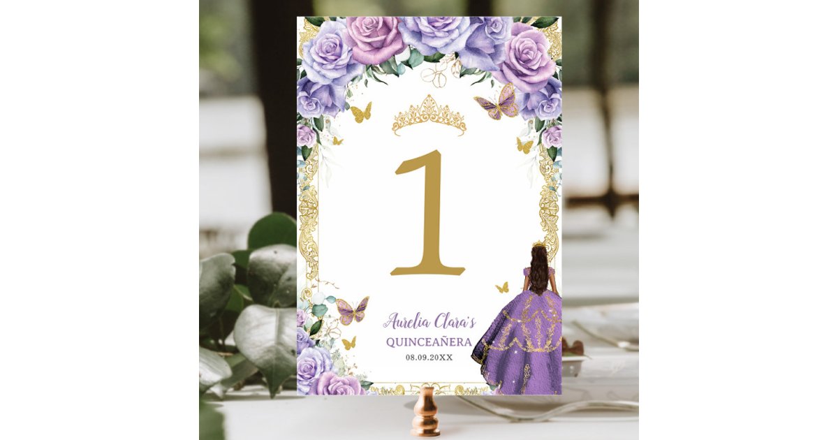 Quinceañera Purple Lilac Floral Gold Girl Dress Table Number | Zazzle