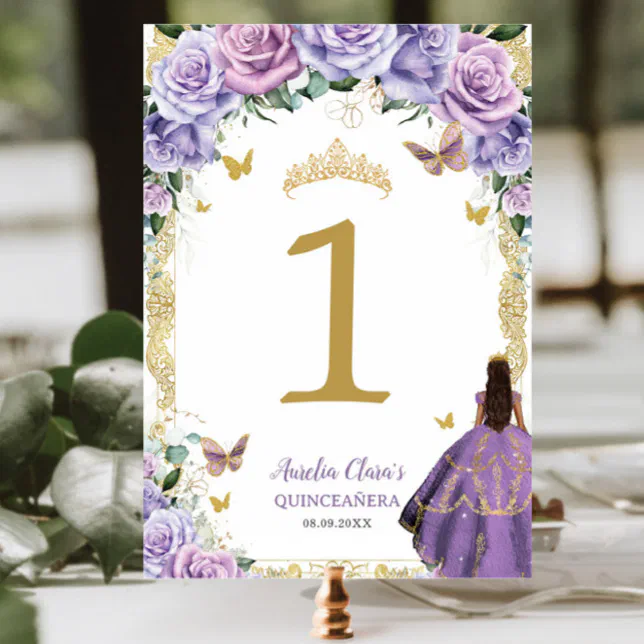 Quinceañera Purple Lilac Floral Gold Girl Dress Table Number | Zazzle