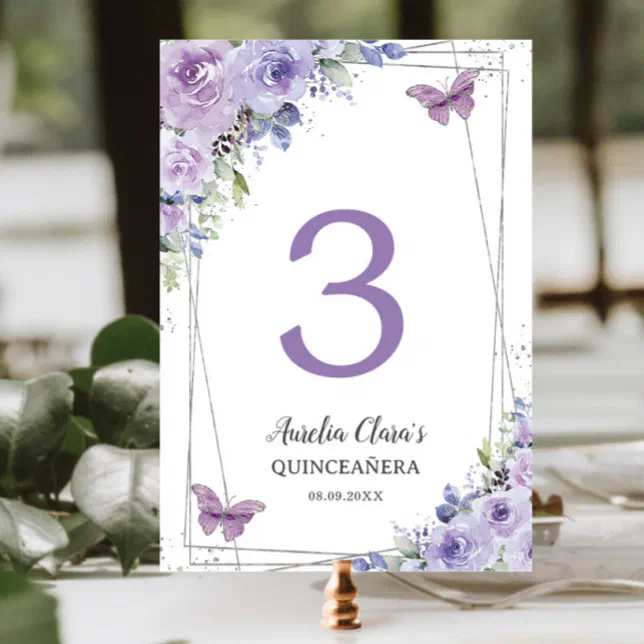 Quinceañera Purple Lilac Floral Silver Butterflies Table Number | Zazzle