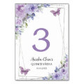 Quinceañera Purple Lilac Floral Silver Butterflies Table Number | Zazzle