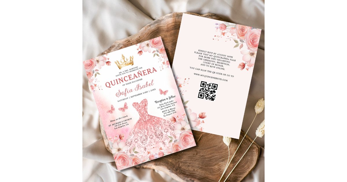 Quinceañera QR Code Blush Pink Rose Floral Invitation | Zazzle
