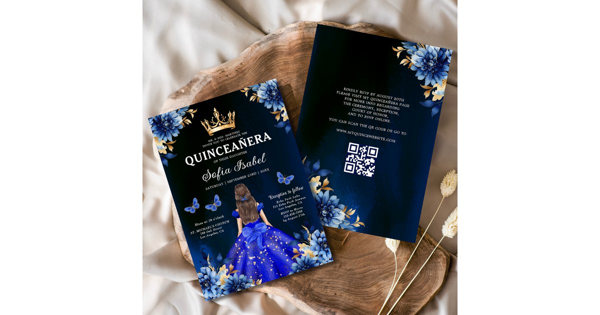 Quinceanera QR Code Royal Blue Butterfly Princess Invitation | Zazzle