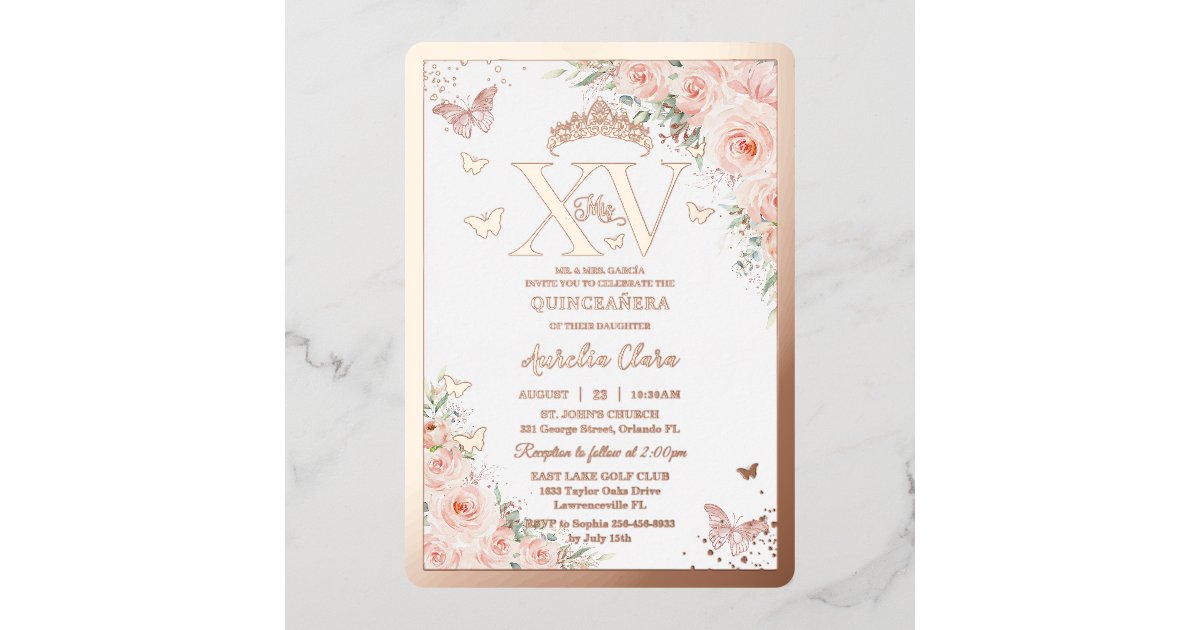 Quinceañera Quince 15 XV Blush Floral Rose Gold Foil Invitation | Zazzle