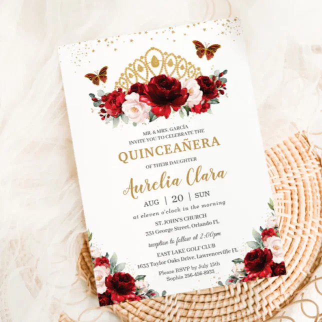 Quinceañera Red and Blush Floral Butterflies Tiara Invitation | Zazzle