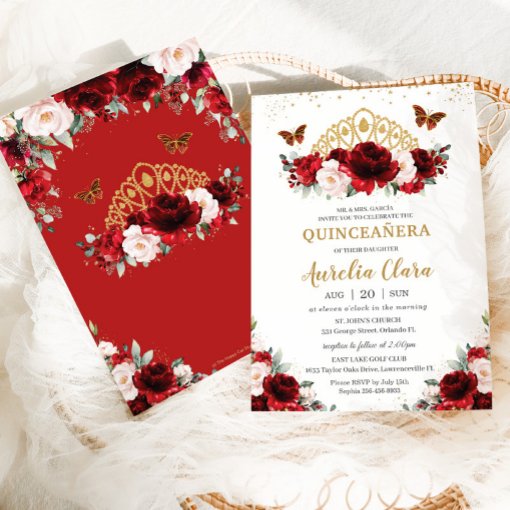 Quinceañera Red and Blush Floral Butterflies Tiara Invitation | Zazzle