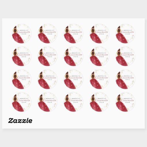 Quinceanera Red Dress Gold Glitter Classic Round Sticker | Zazzle