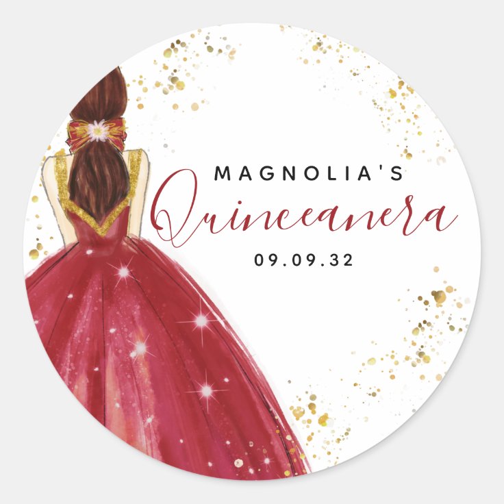 Quinceanera Red Dress Gold Glitter Classic Round Sticker | Zazzle