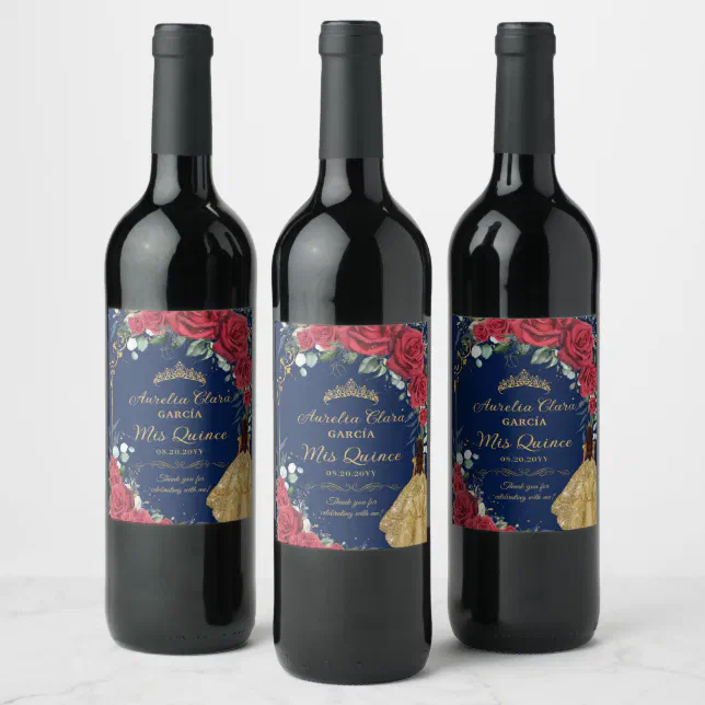 Quinceañera Red Floral Enchanted Rose Navy Blue Wine Label | Zazzle