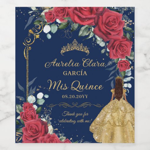 Quinceañera Red Floral Enchanted Rose Navy Blue Wine Label | Zazzle