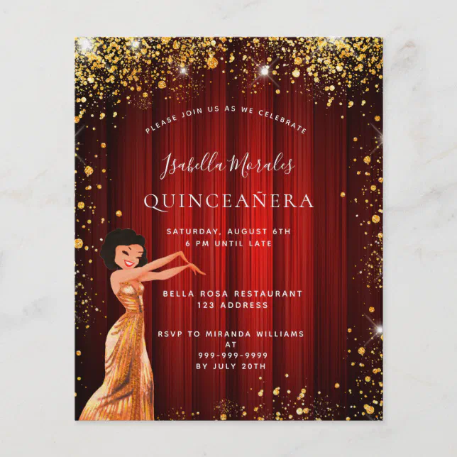 Quinceanera red gold dress budget invitation flyer | Zazzle