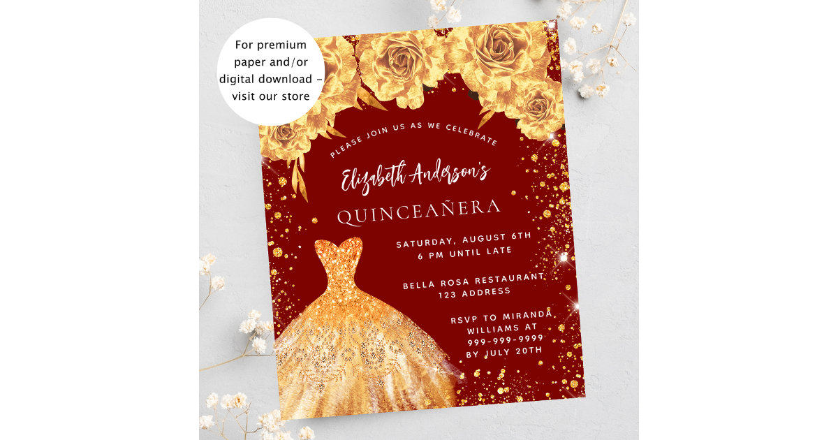 Quinceanera red gold dress rose budget invitation flyer | Zazzle