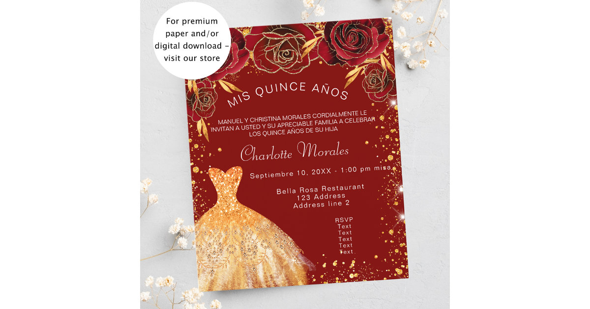 Quinceanera red gold dress roses budget invitation | Zazzle