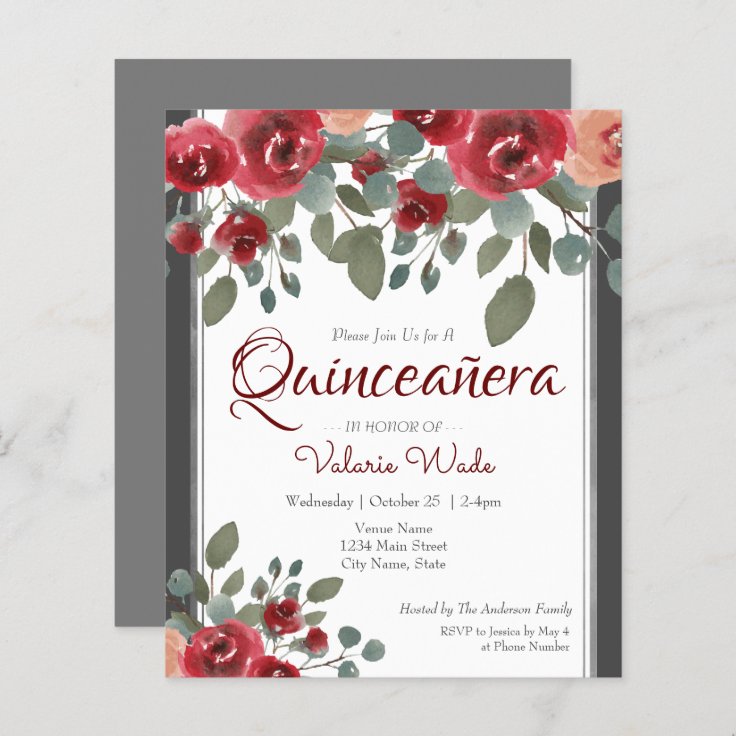 Quinceanera Red Roses Floral Budget Invitation | Zazzle