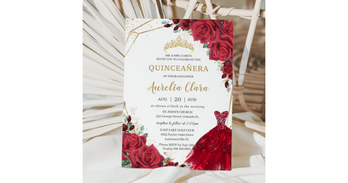 Quinceañera Red Roses Floral Gold Princess Dress Invitation | Zazzle