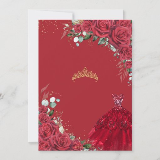 Quinceañera Red Roses Floral Gold Princess Dress Invitation | Zazzle